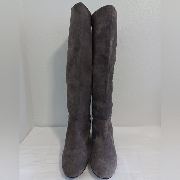 BCBGeneration | Shoes | Bcbgeneration Gray Suede Knee High Wedge Heel ...